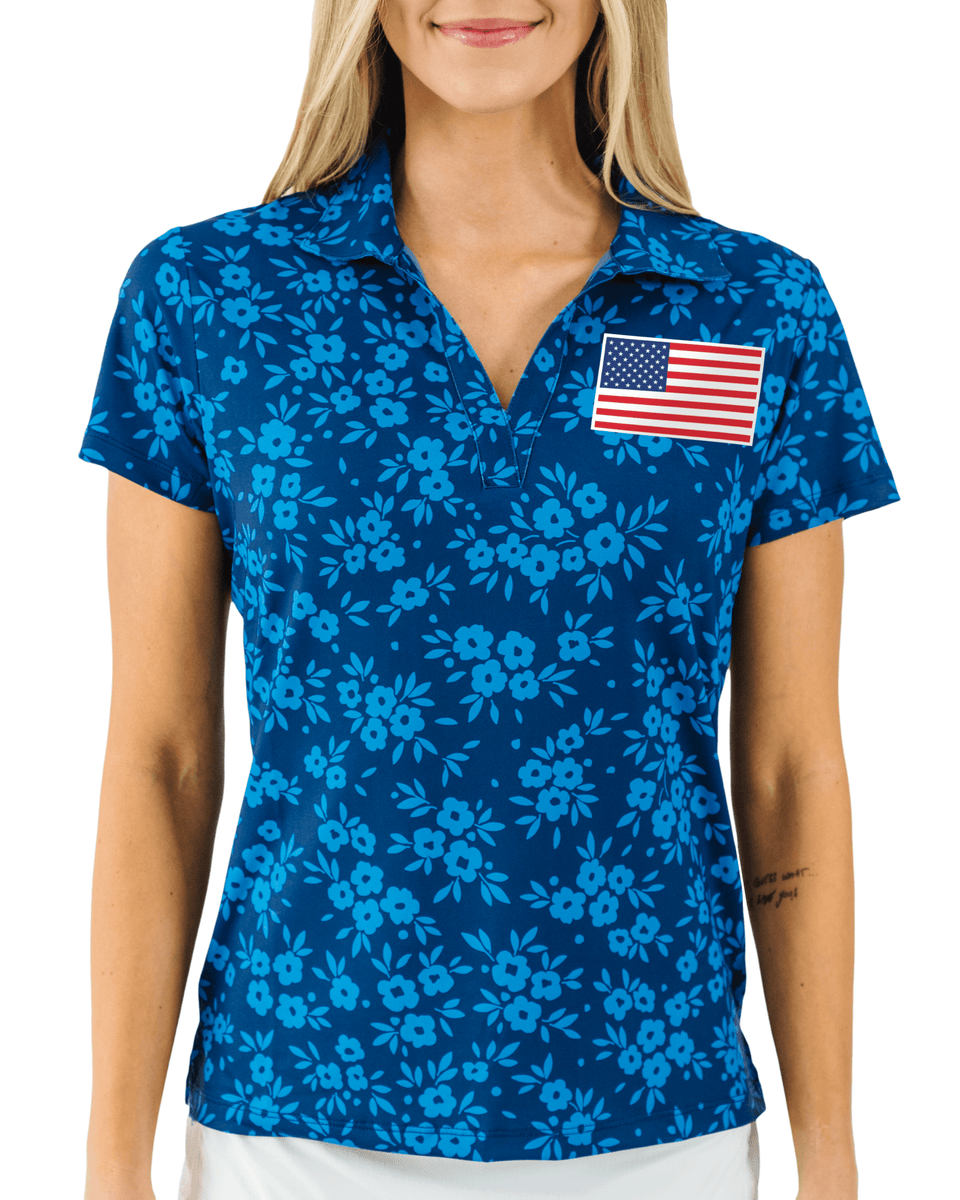 Navy Daisy Women's Golf Polo. USA EDITION. – Yatta Golf